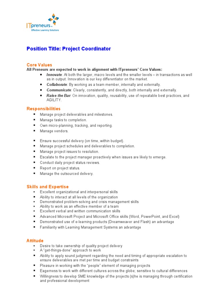 Project Coordinator Job Description | PDF | Innovation | Communication