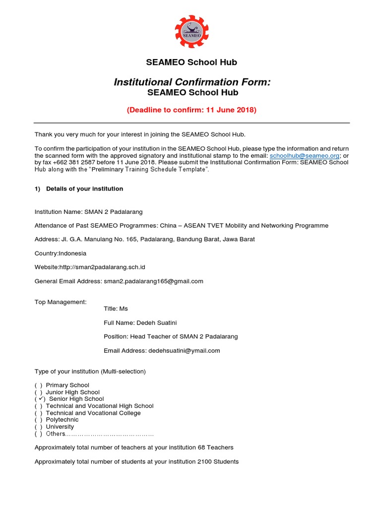 SEAMEO School Hub Confirmation Form | PDF | Educational Technology ...