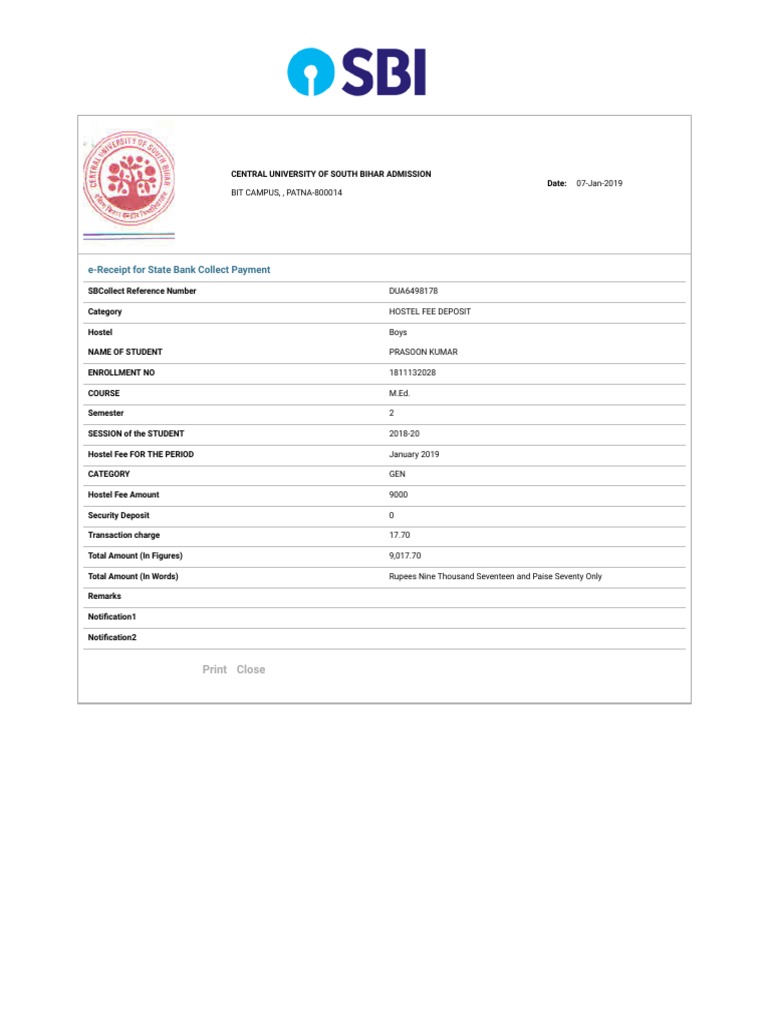 E-Receipt For State Bank Collect Payment: BIT CAMPUS,, PATNA-800014 07 ...