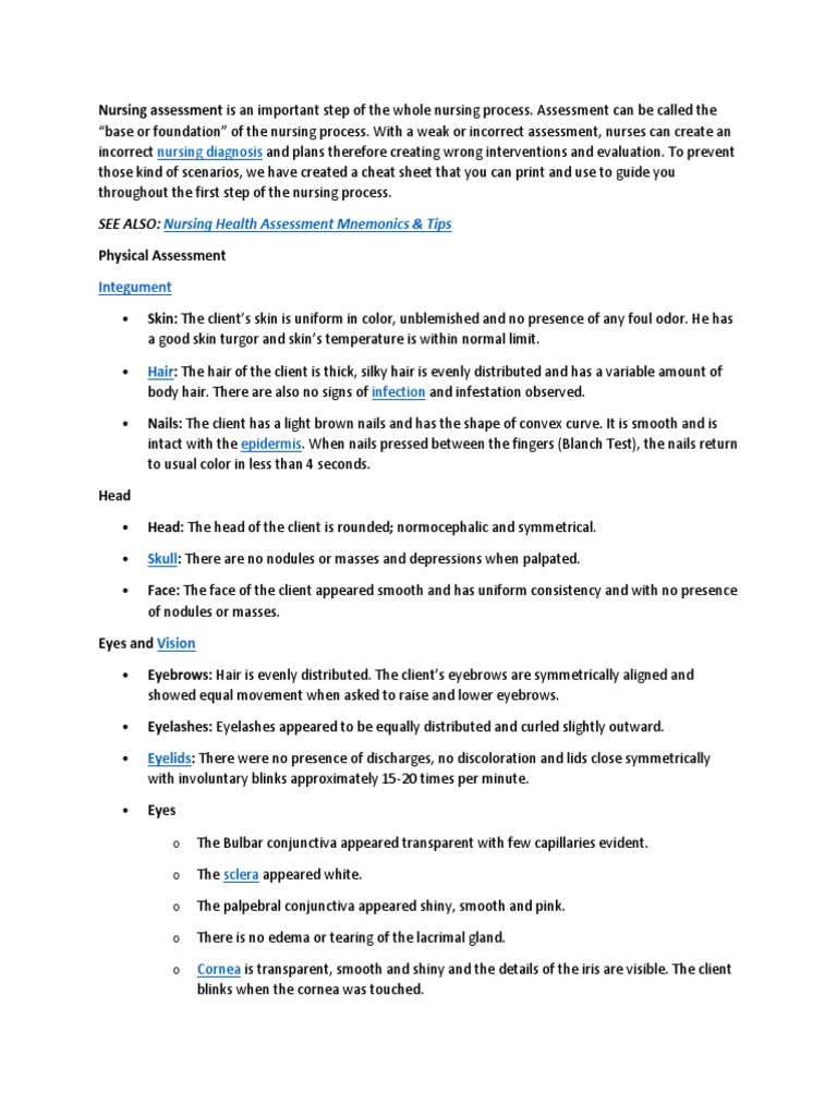 A Comprehensive Nursing Assessment Cheat Sheet | PDF | Neck | Thorax