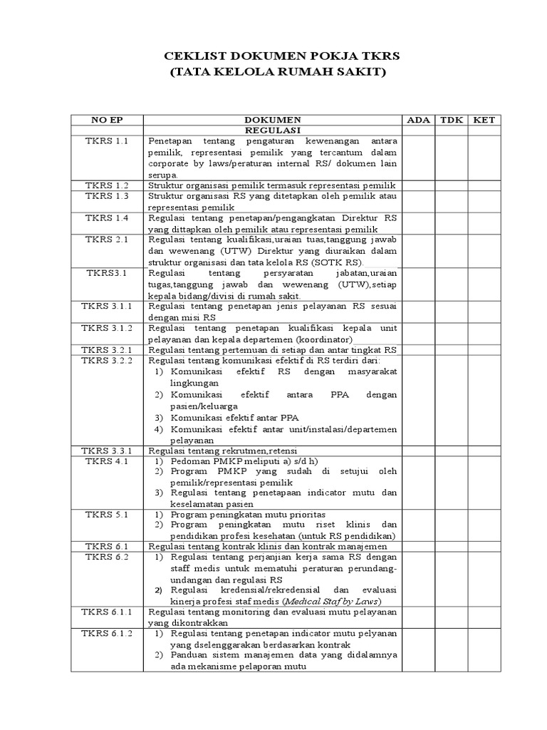 Ceklist Dokumen TKRS SNARS | PDF