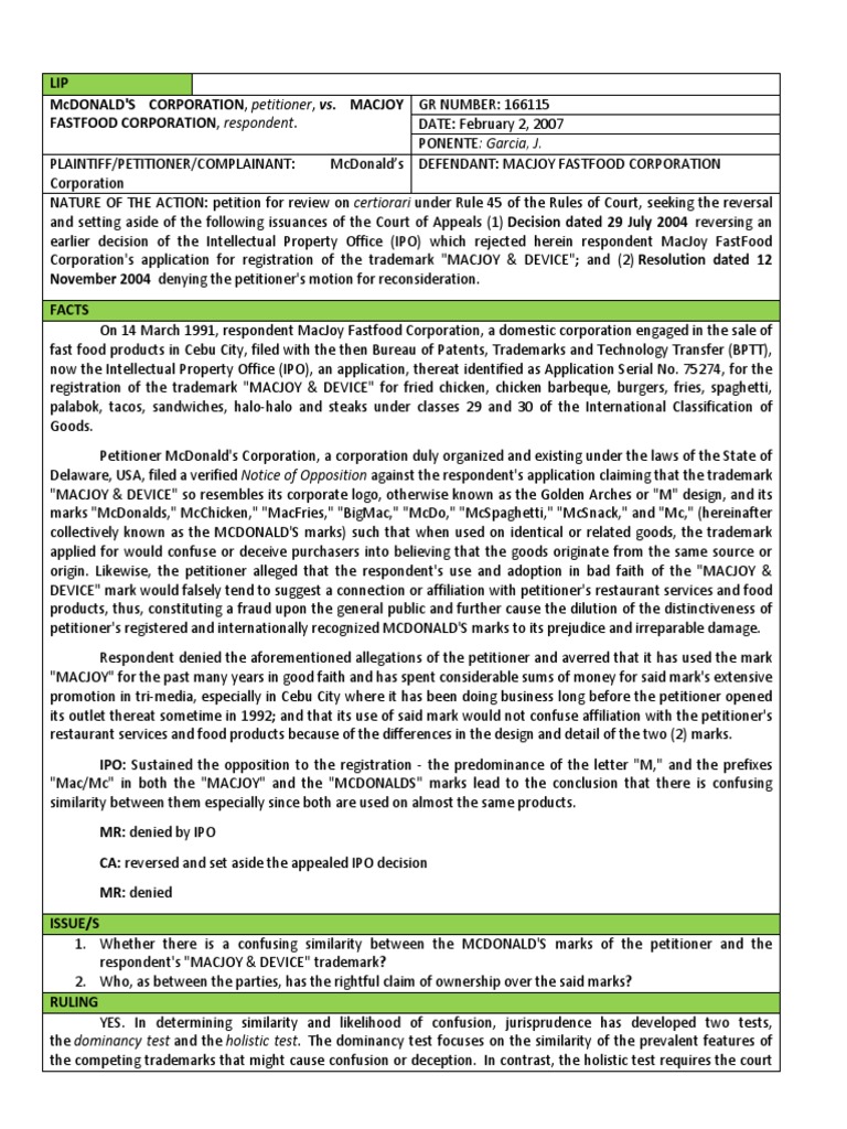 04 - McDonalds Vs MacJoy PDF | PDF | Trademark | Justice