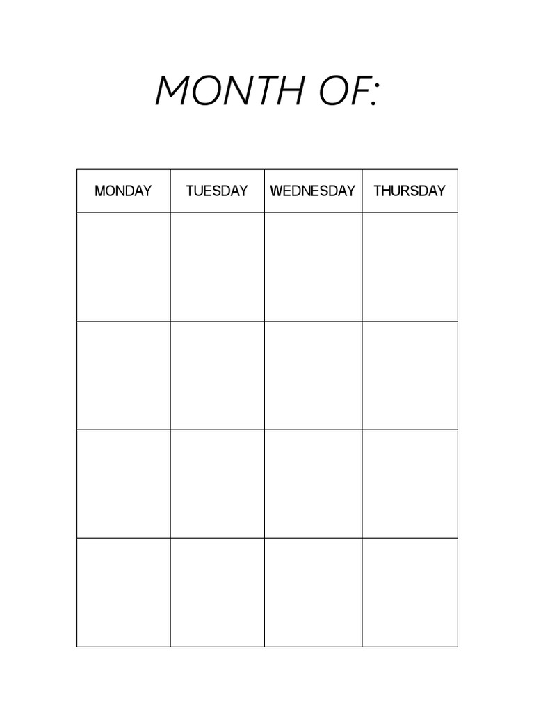 Month Of:: Monday Tuesday Wednesday Thursday | PDF