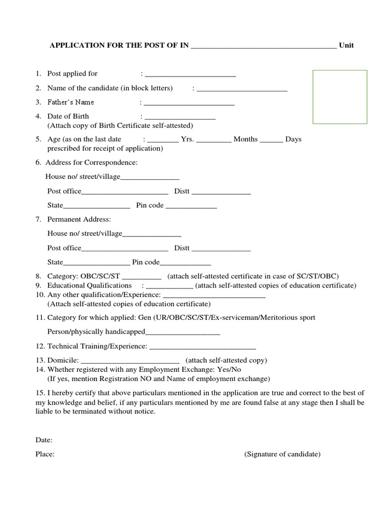 Application For The Post of IN - Unit | PDF | Government Information ...