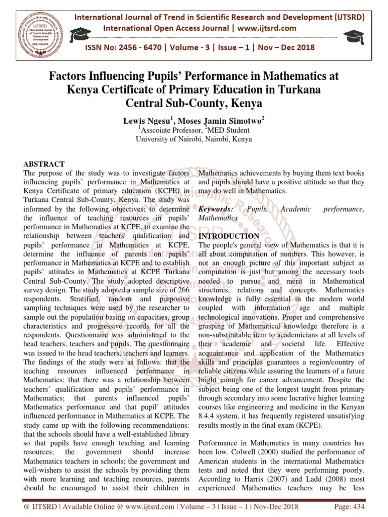 Factors Influencing Pupils' Performance in Mathematics at Kenya ...