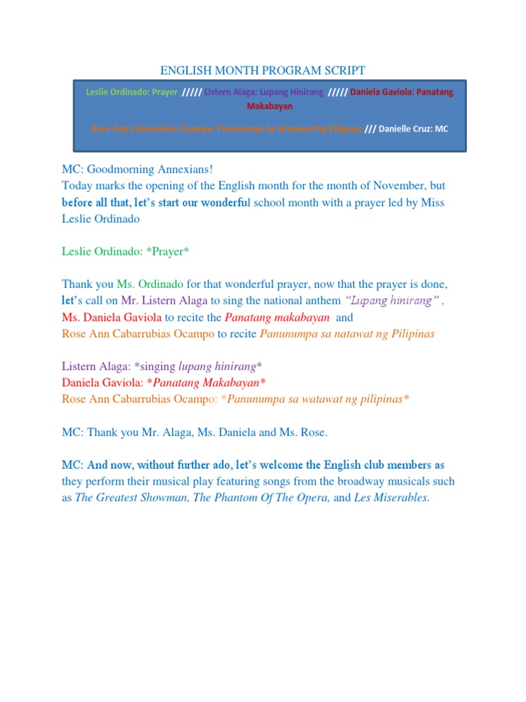 English Month Program Script | PDF