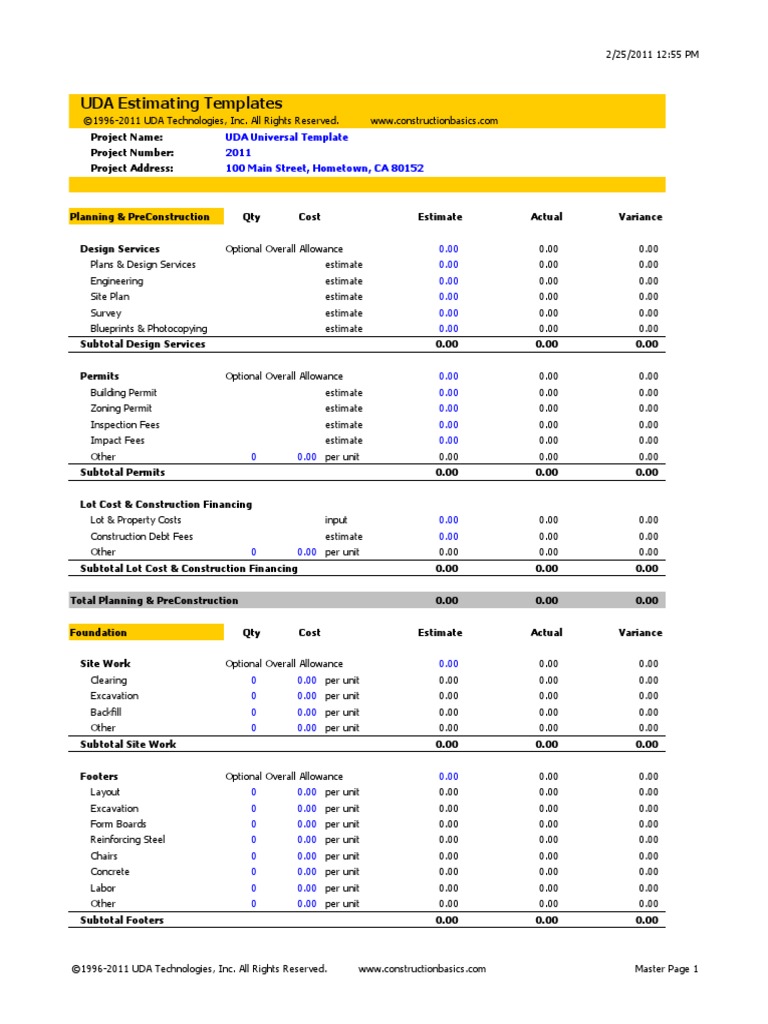 UDA Estimating Templates: UDA Universal Template 2011 100 Main Street ...