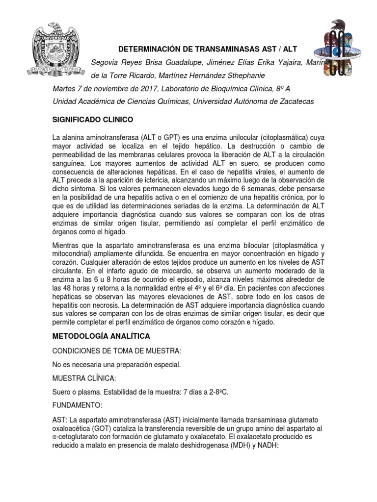 Determinacion de Transaminasas ALT Y AST | PDF | Transaminasa ...