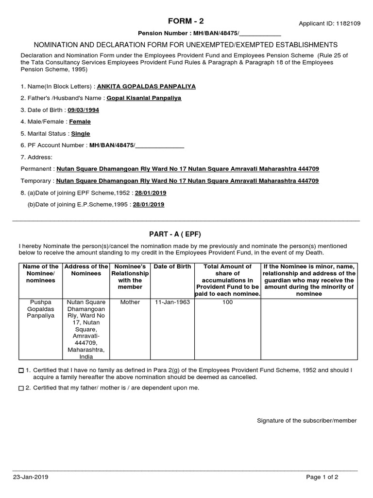 Form - 2: Nomination and Declaration Form For Unexempted/Exempted ...