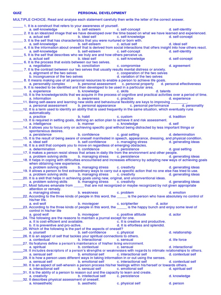 Quiz Personal Development | PDF | Self Concept | Self