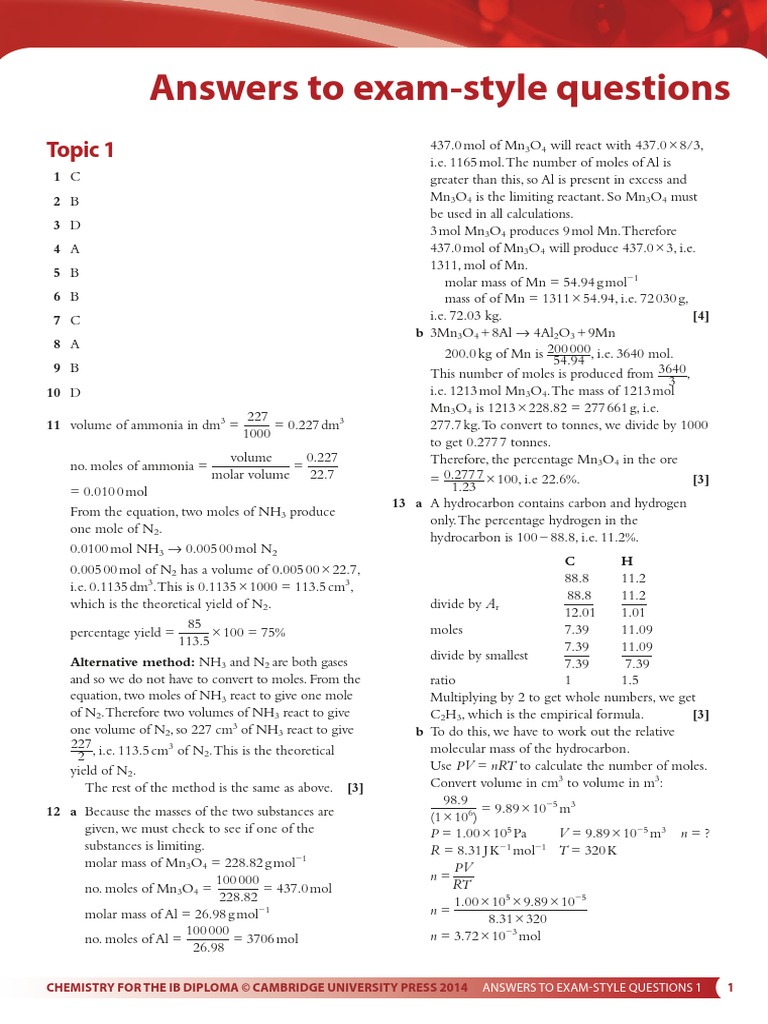 Answers To Exam-Style Questions: Topic 1 | PDF | Mole (Unit) | Sets Of ...