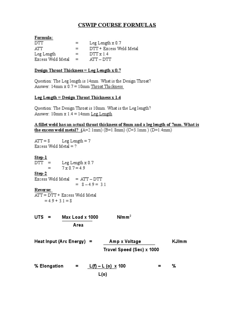 CSWIP Formulae | PDF