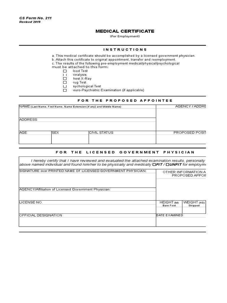 CS Form No. 211 Medical Certificate | PDF | Test (Assessment) | Health ...