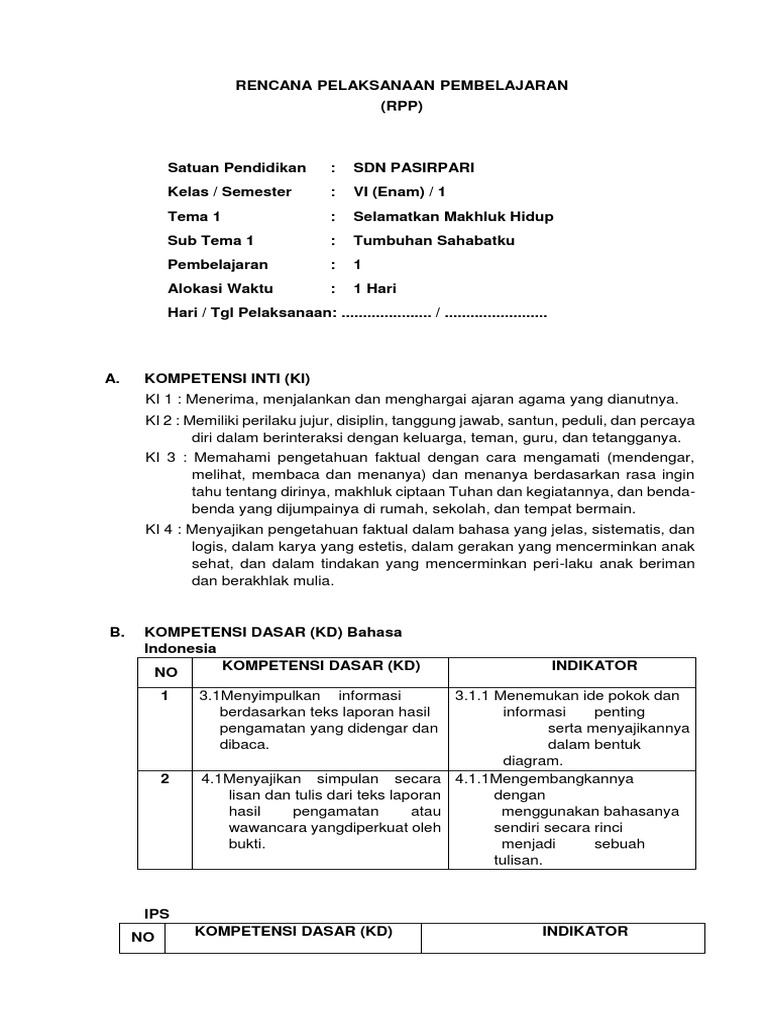 RPP Tema 1 Sub Tema 1 Kelas Vi Semester 1 | PDF