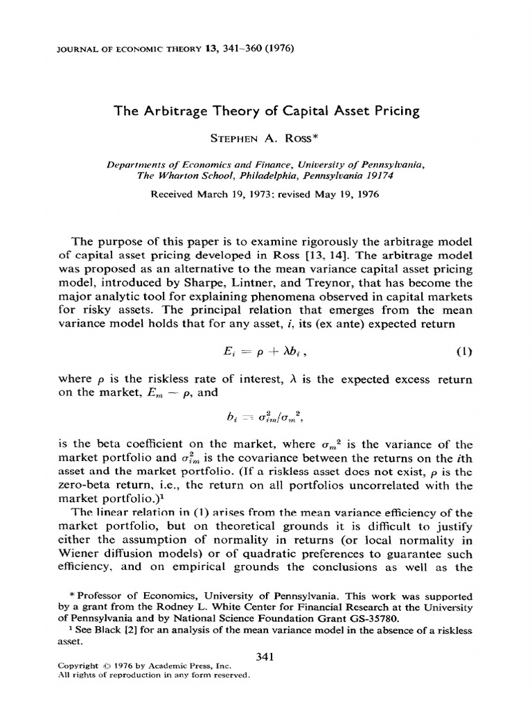 The Arbitrage Theory of Capital Asset Pricing PDF | PDF