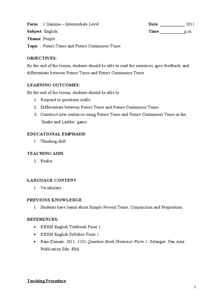 Future Tense Lesson Plan for Grade 1 | PDF | English Language | Teachers