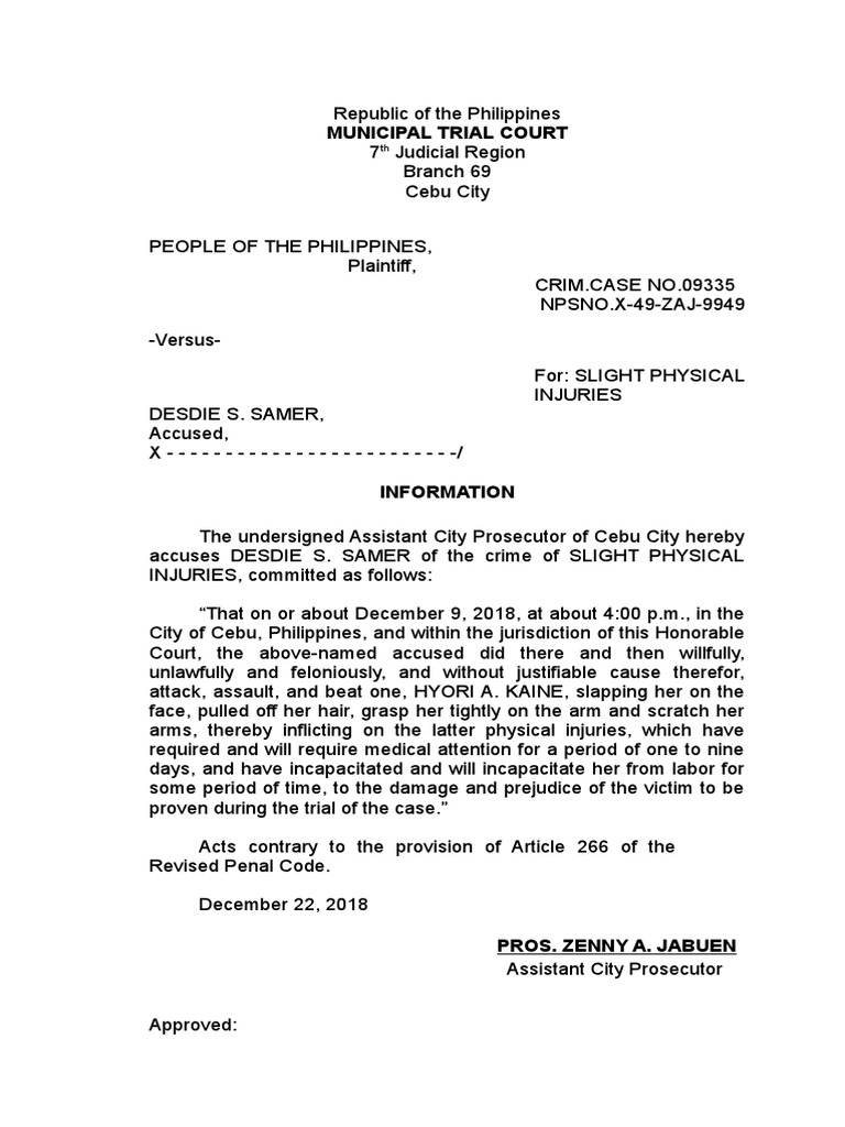 Information Slight Physical Injuries | PDF | Prosecutor | Government ...