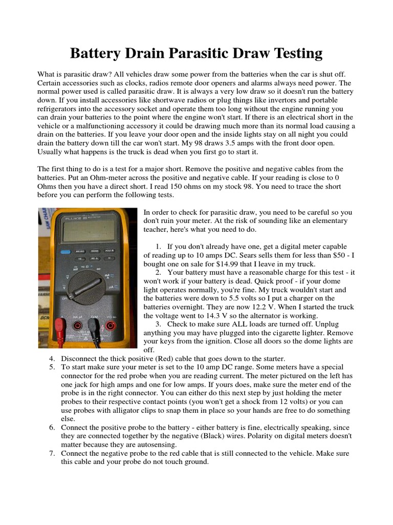 Battery Drain Parasitic Draw Testing | PDF | Electromagnetism ...