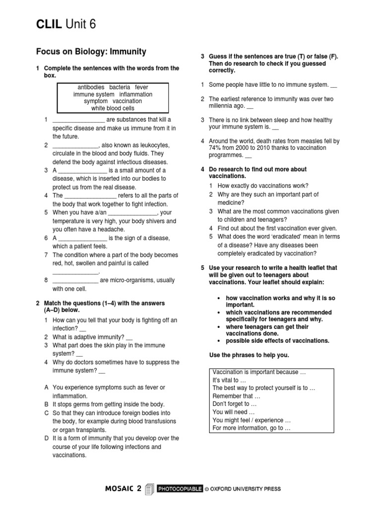 CLIL Unit 6: Focus On Biology: Immunity | PDF | Vaccination | Immunity ...