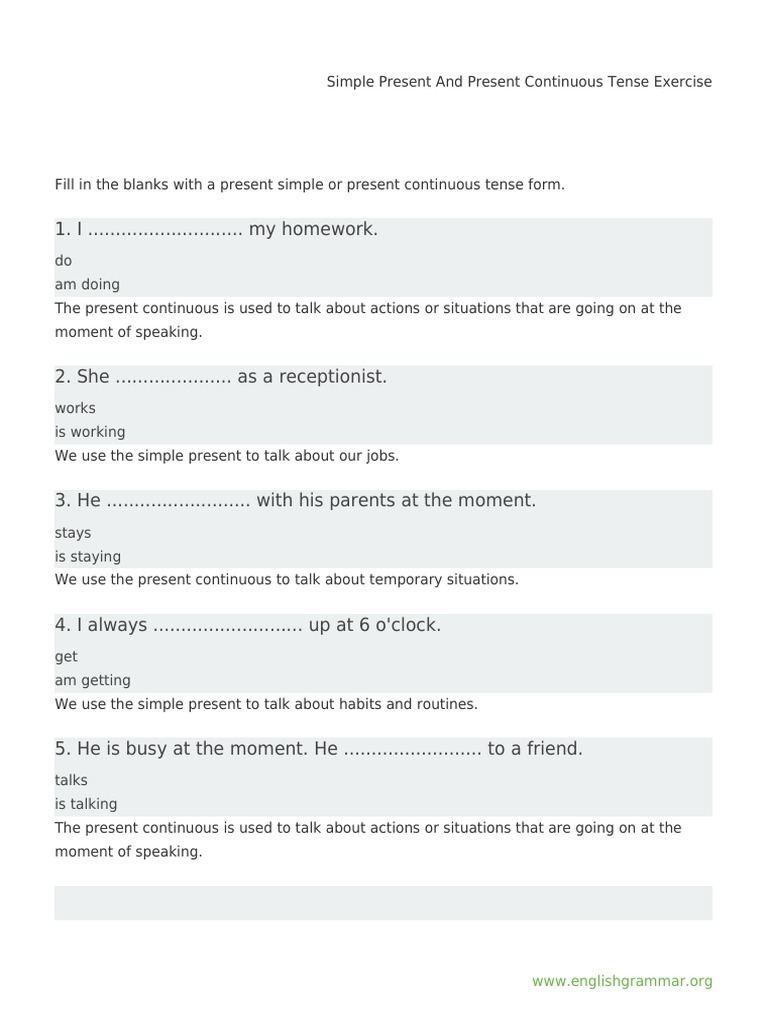 Exercise - Present Simple and Present Continuous | PDF | Linguistics ...