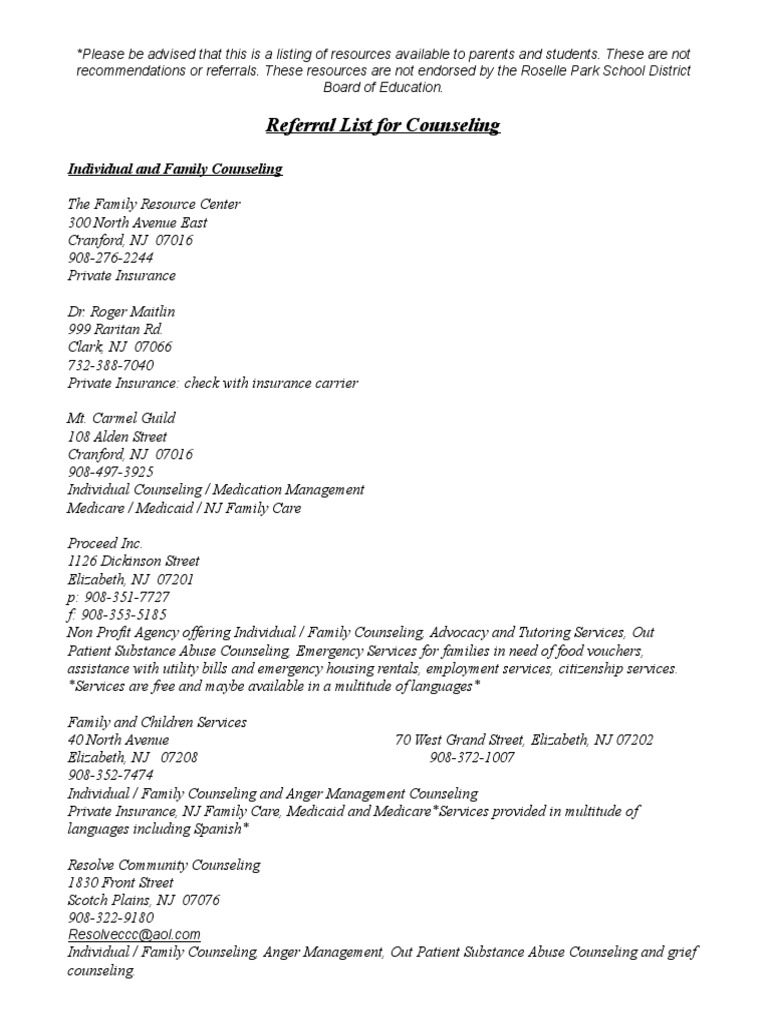 Referral Counseling - List For Website | PDF | Intervention (Counseling ...