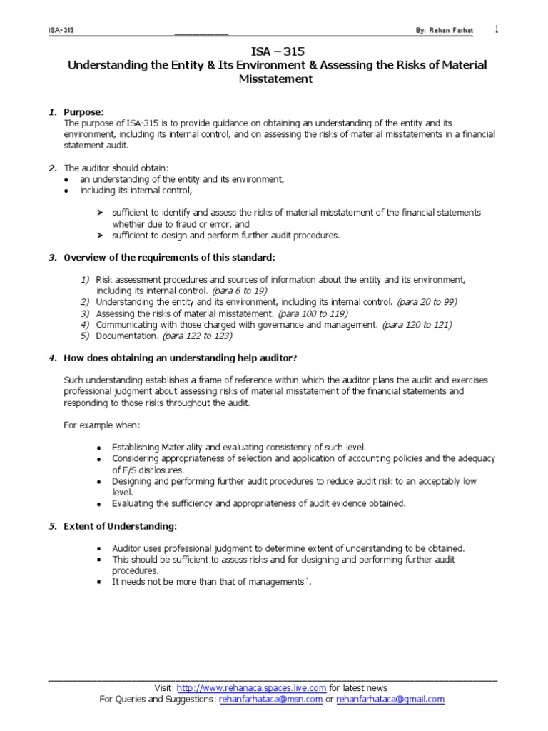 ISA - 315 Understanding The Entity & Its Environment & Assessing The Risks of Material ...
