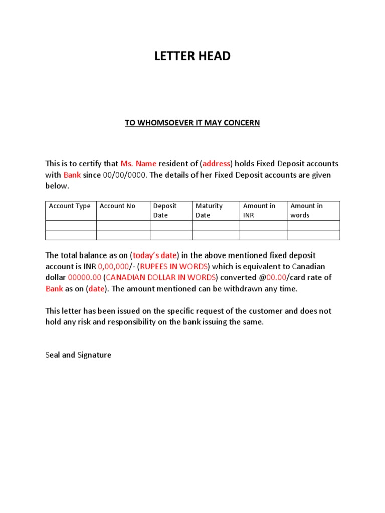 Bank Letter For Fixed Deposit - Sample | PDF | Deposit Account | Banks