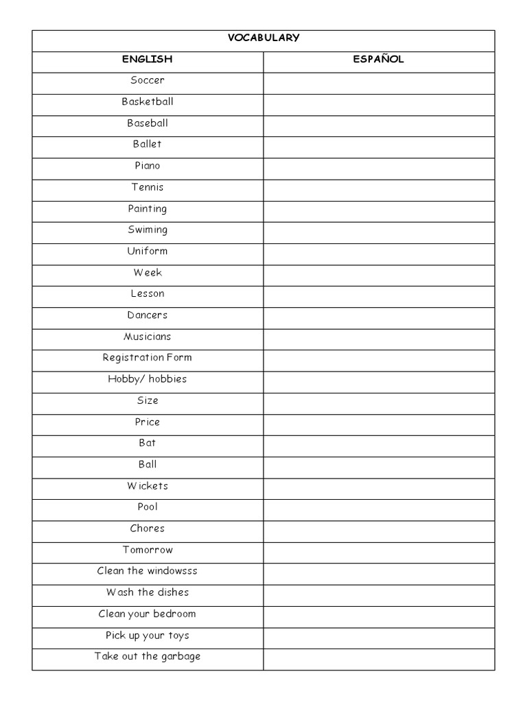 Vocabulary English Español | PDF