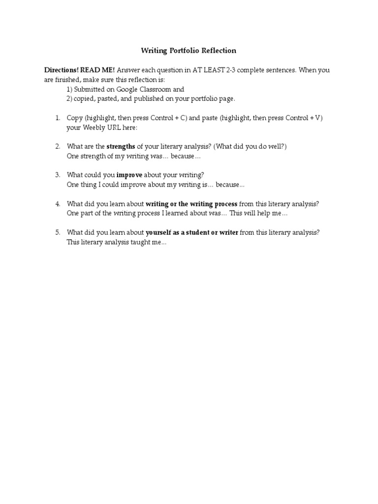 Literary Analysis Writing Portfolio Reflection | PDF