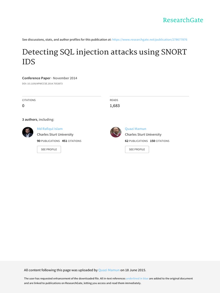 Detecting SQL Injection Attacks Using SNORT IDS: November 2014 | PDF | Computer Security | Security