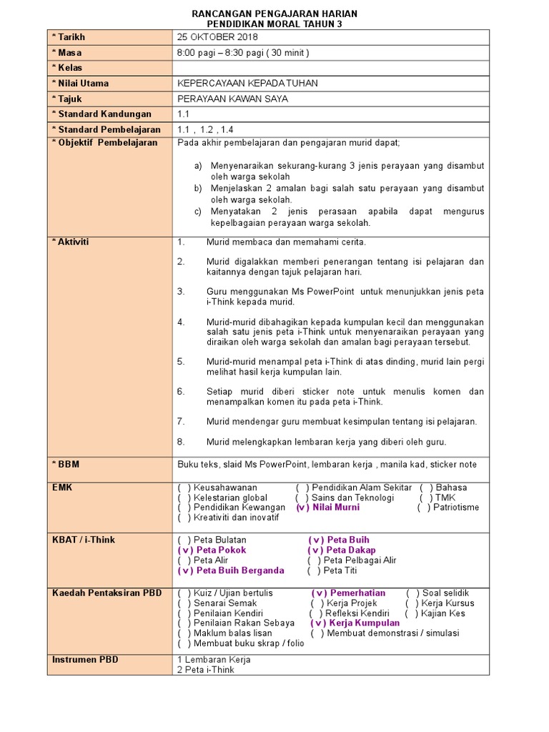 Contoh RPH Pendidikan Moral Tahun 3 | PDF