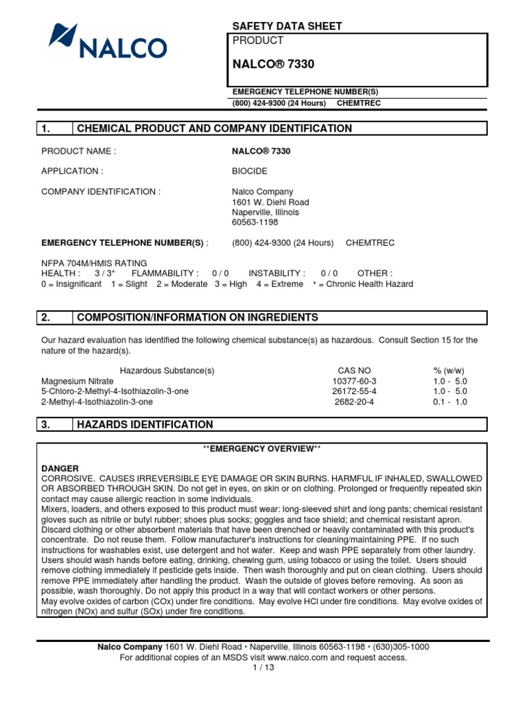 Nalco® 7330 PDF | PDF | Toxicity | Dangerous Goods