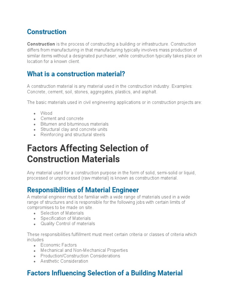 Factors Affecting Selection of Construction Materials | PDF | Fly Ash ...