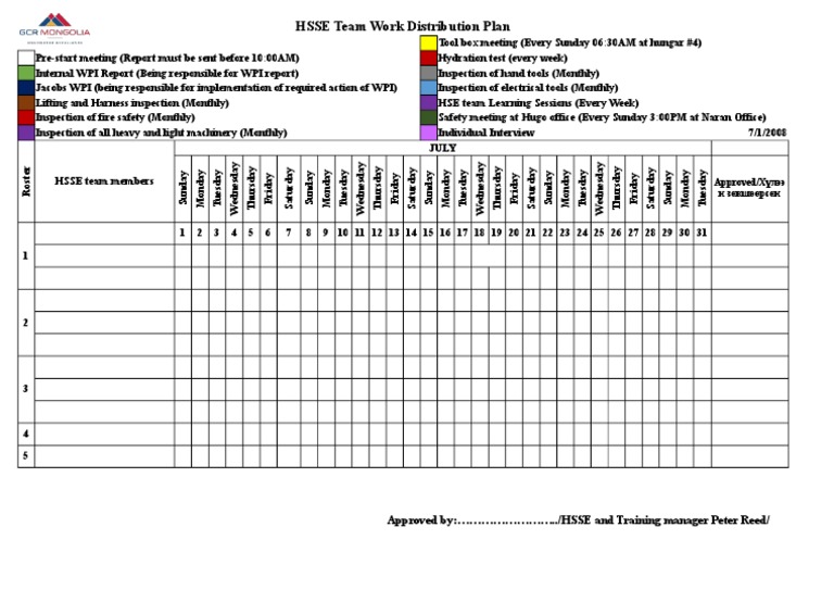 HSSE Team Work Distribution Plan: Approved/Хүлээ н зөвшөөрсөн | PDF ...