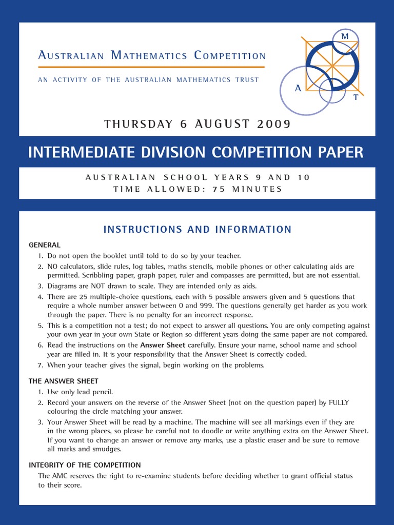 Australian Mathematics Competition 2009 | PDF | Teaching Mathematics
