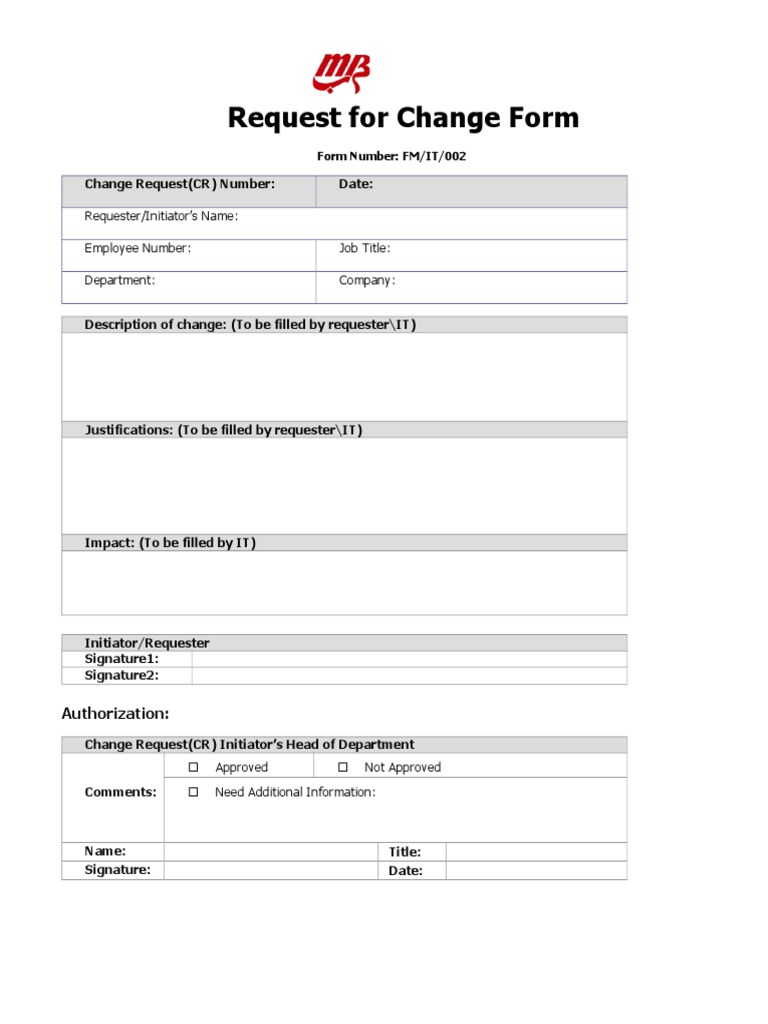 Request For Change Form: Requester/Initiator's Name: Employee Number ...