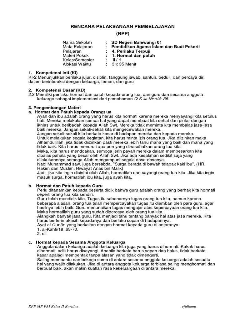 Contoh RPP Pai SD Kelas 2 Kurikulum 2013 by Efullama | PDF