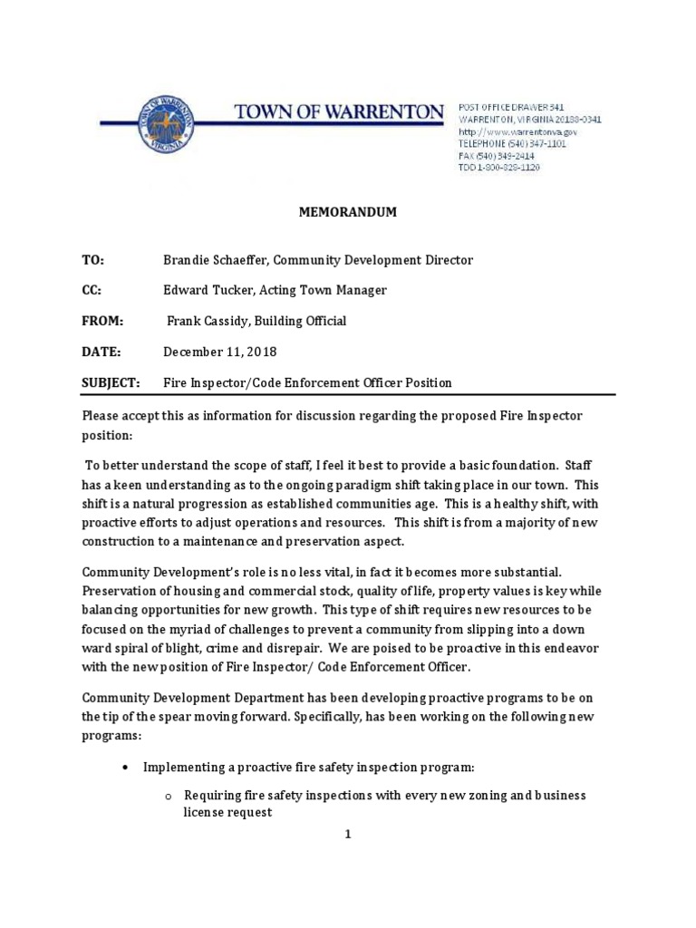 Fire Inspection Memo | PDF | Fire Safety | Inspector