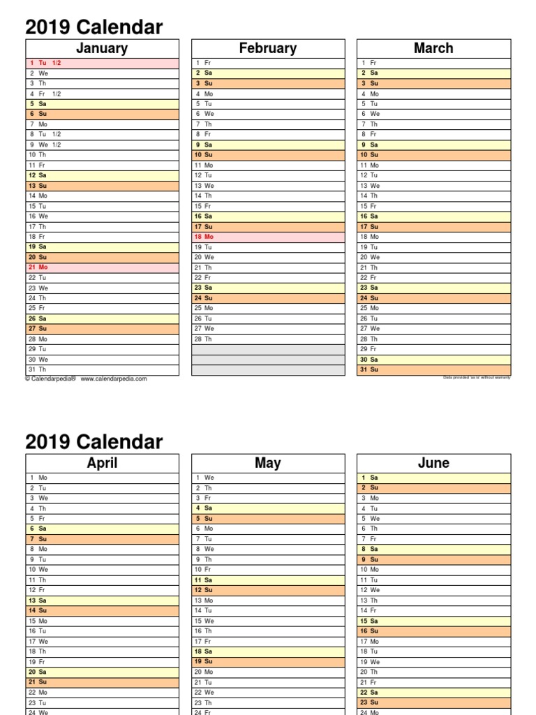2019 Calendar Landscape 4 Pages | PDF