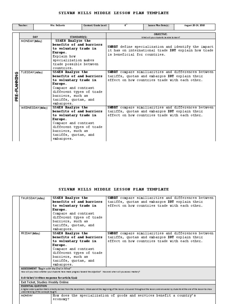 Ss Lesson Plan Aug20-24 | PDF | Lesson Plan | Trade