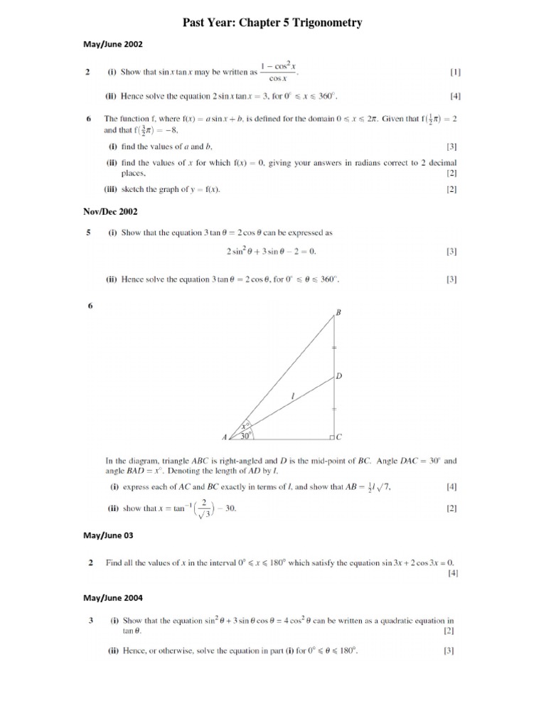 Chapter 5 Trigonometry Past Year 2002-2010 | PDF