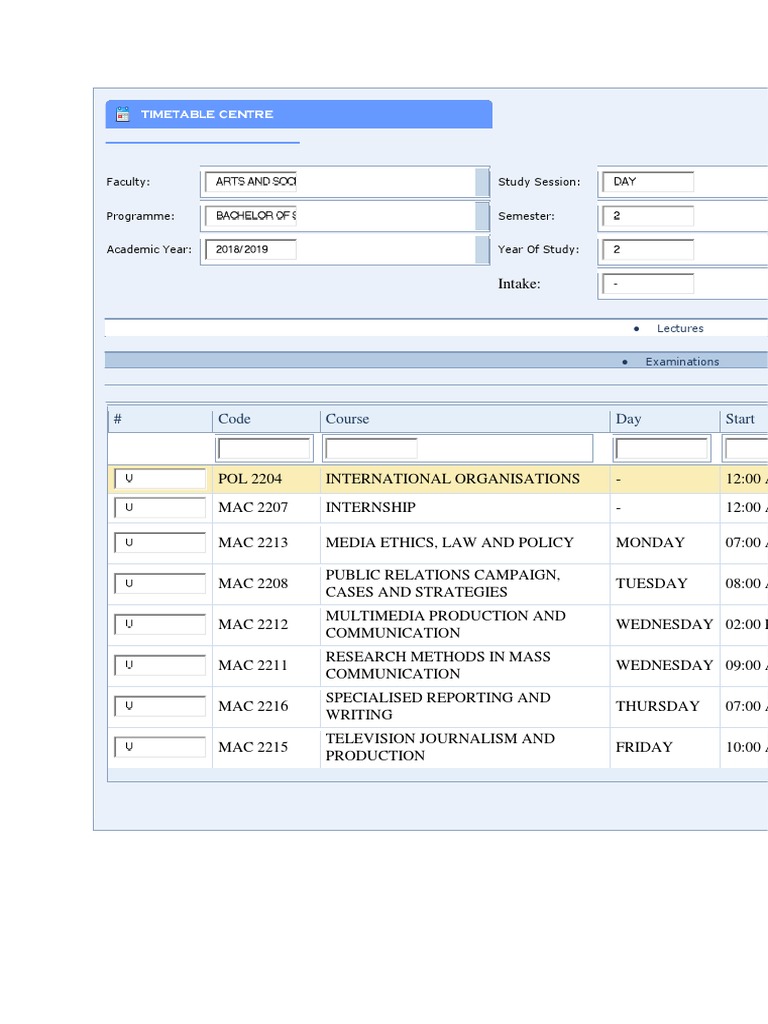 # Code Course Day Start: Faculty: Study Session: Programme: Semester ...