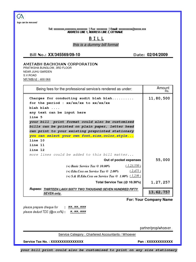 Dummy Bill Format for Professional Services | PDF | Taxation | Payments