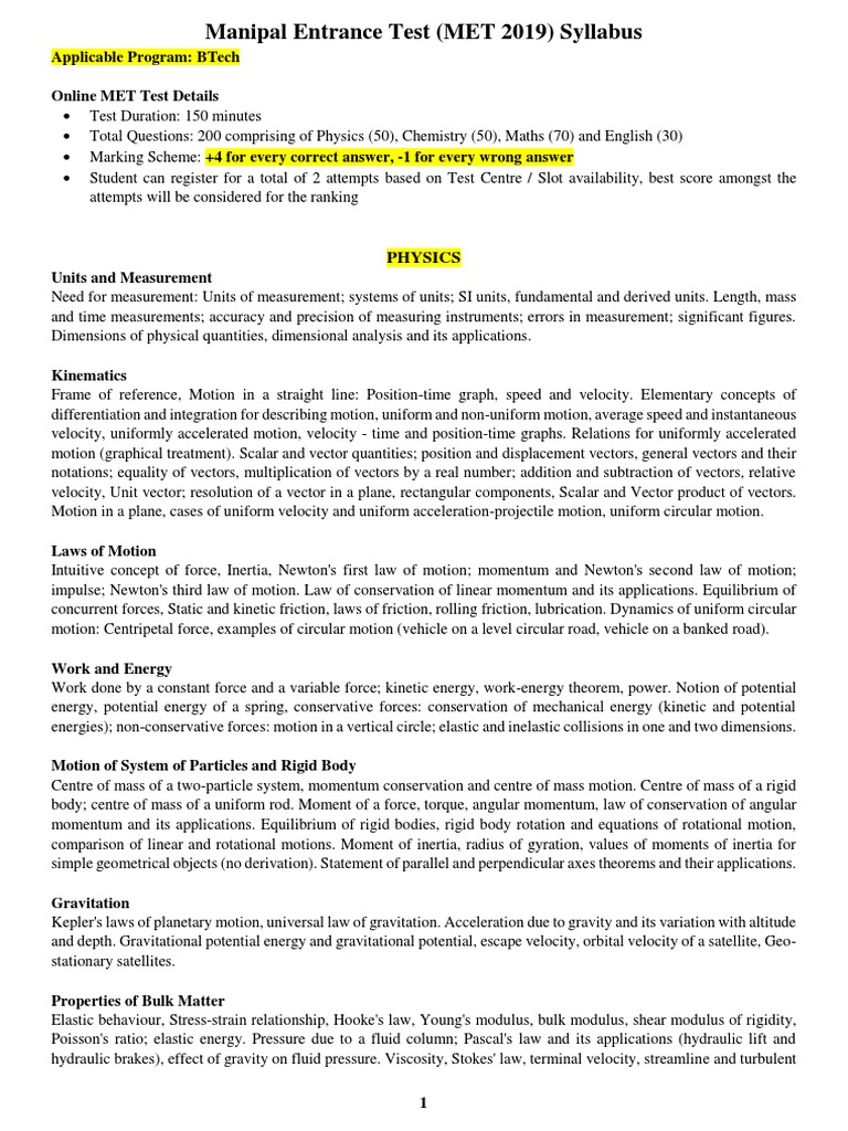 Manipal Entrance Test (MET 2019) Syllabus: Physics | PDF ...