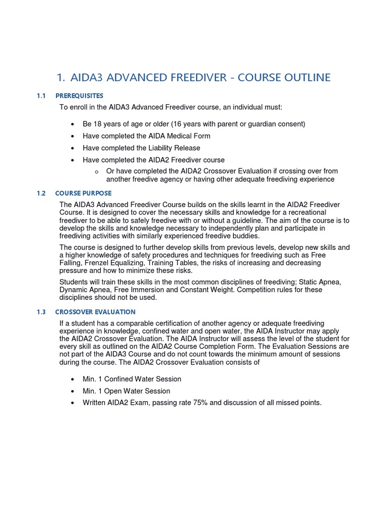 Aida3 Advanced Freediver - Course Outline: 1.1 Prerequisites | PDF ...