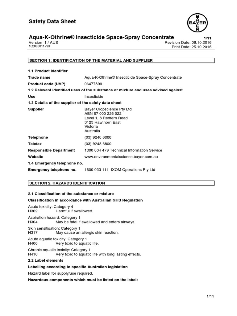 Aqua-K-Othrine Insecticide Space-Spray Concentrate SDS GHS 1016 | PDF ...