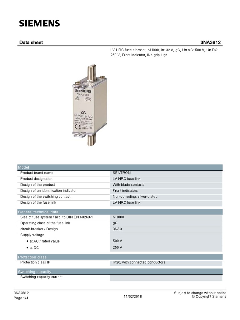 3NA3812 Datasheet en | PDF | Fuse (Electrical) | Alternating Current
