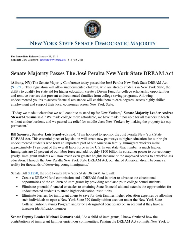Senate Majority Passes The Jos Peralta New York State DREAM Act | PDF ...