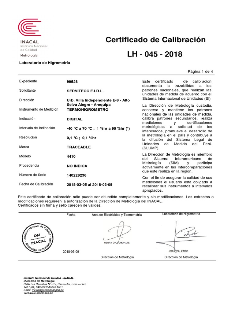 Cert. LH-045 - Termohigrometro | PDF | Metrología | Calibración
