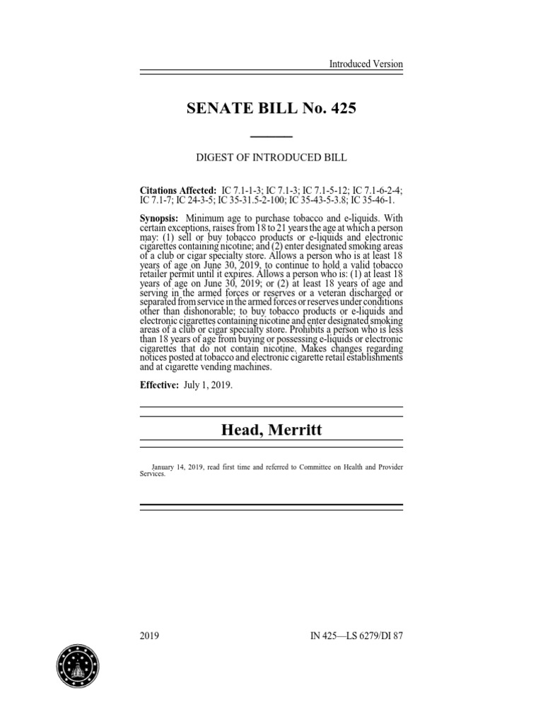 Senate Bill No. 425 - : Digest of Introduced Bill | PDF | Electronic ...